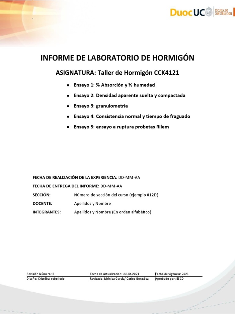 1 1 4 Formato Informe Tecnico | PDF | Hormigón