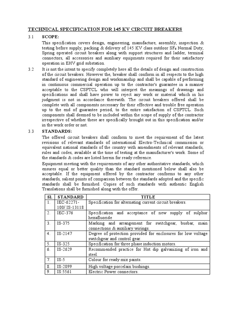 Technical Specification For 145 KV Circuit Breakers | PDF | Alternating Current | Voltage