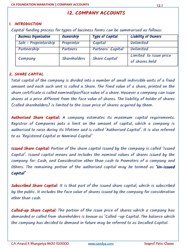 Company Accounts Notes - CA Anand Bhangariya | PDF | Preferred Stock ...