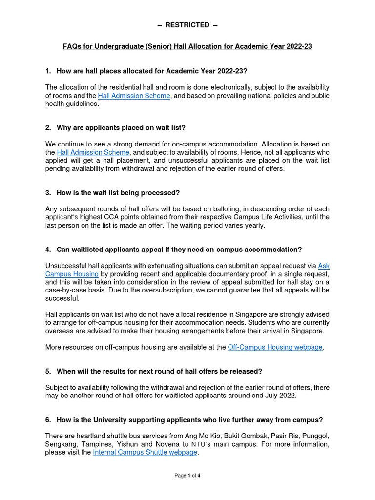 FAQ - UG (Senior) Hall Allocation For AY22-23 | PDF