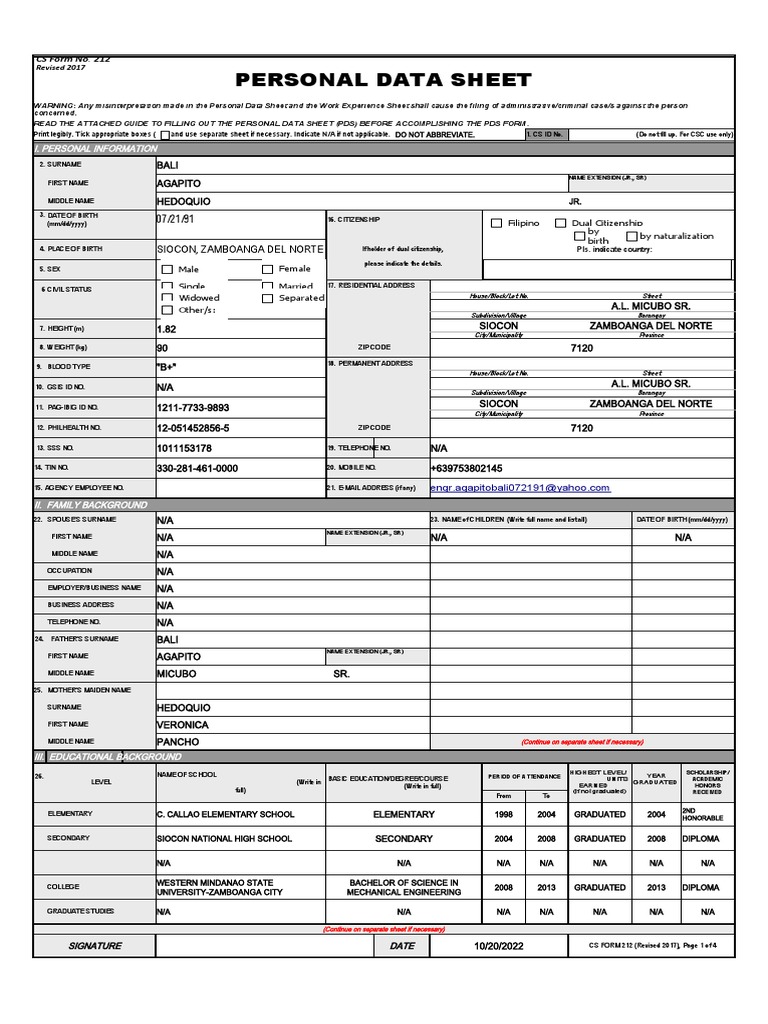 Personal Data Sheet Template | PDF