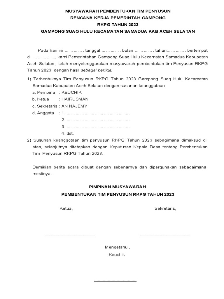 Ba Pembentukan Tim Penyusun RKP Desa | PDF