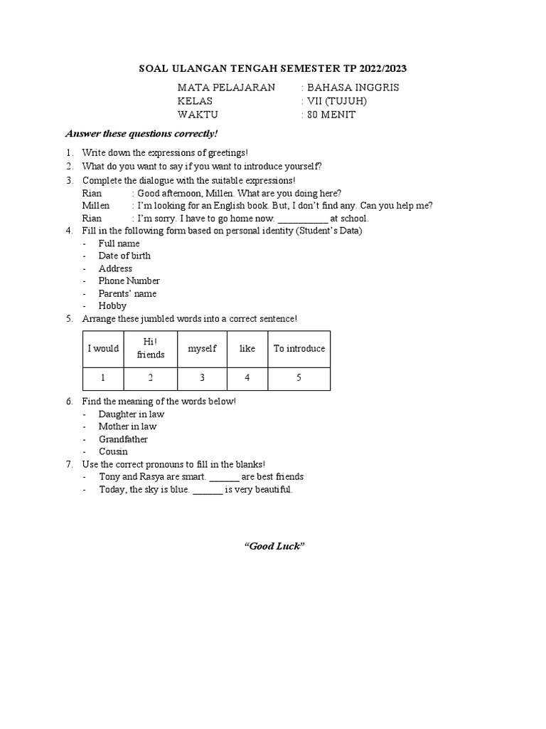 INSTRUMEN Soal UTS BAHASA INGGRIS | PDF | Language Arts & Discipline ...