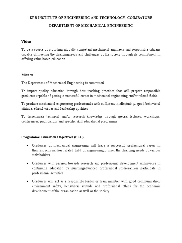Mechanical Engineering Vision & Mission | PDF | Engineering ...