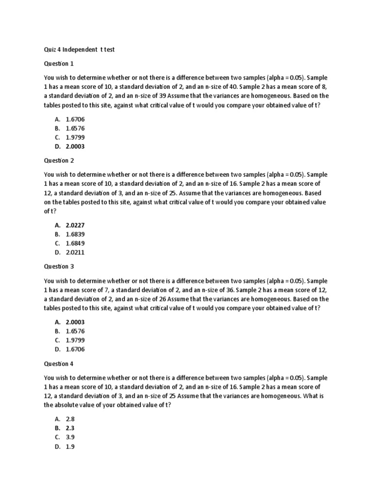 Quiz 4 Independent T Test | PDF | Student's T Test | Statistics