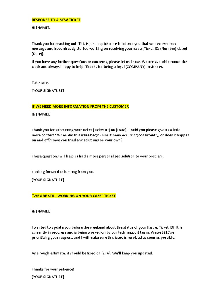 Response Ticket Templates | PDF