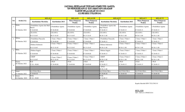 New Jadwal PTS Ganjil 2022 2023.K13 Dan Kurikulum Merdeka | PDF