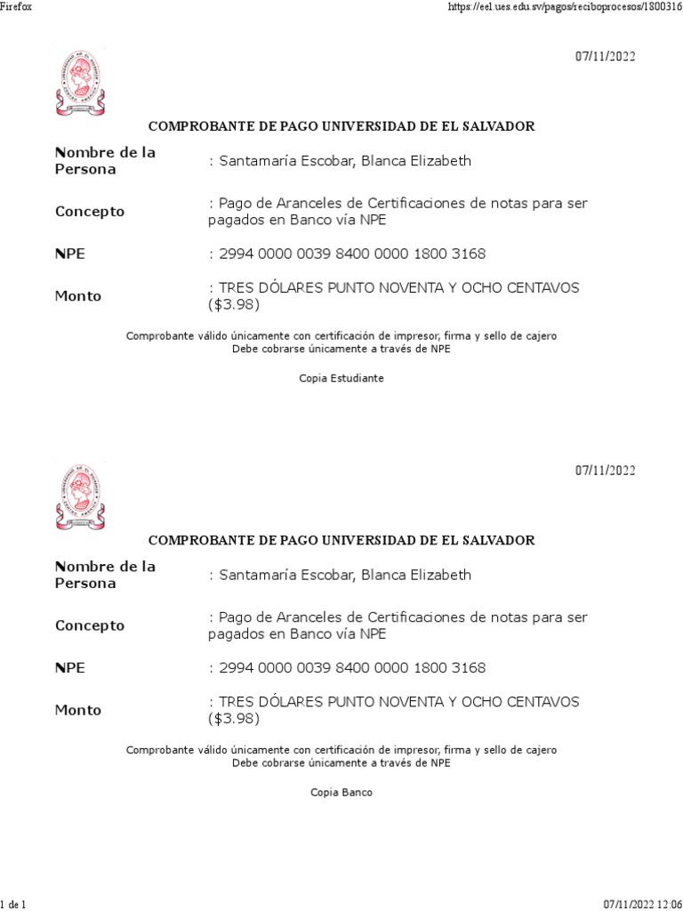 Comprobante de Pago Universidad de El Salvador Nombre de La Persona Concepto NPE Monto | PDF