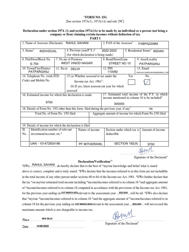 Form 15 G | PDF | Income Tax | Payments