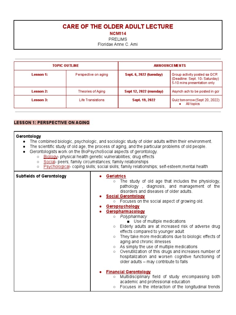 Care of The Older Adult Lecture: Topic Outline Announcements Lesson 1 ...