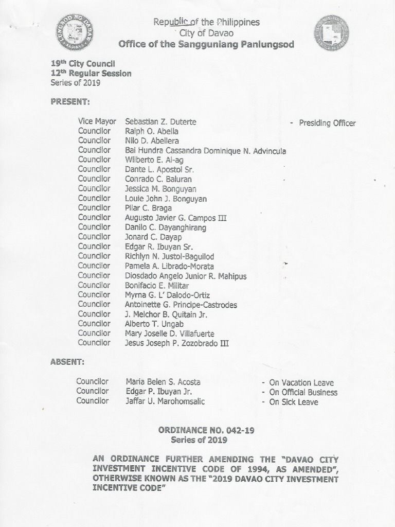 Davao City Investment Incentive Code | PDF