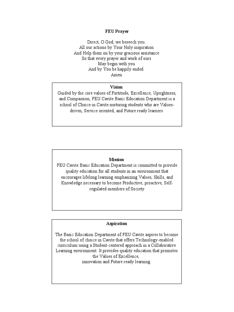 FEU Cavite Mission and Prayer Overview | PDF