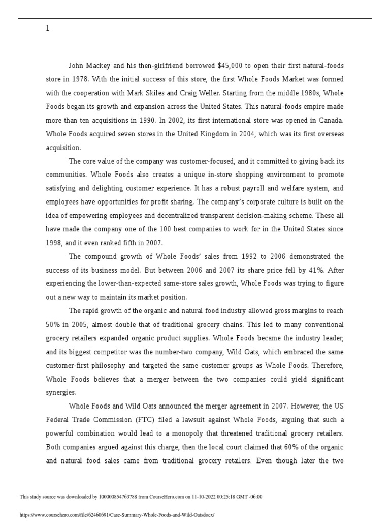 Whole Foods Case Study Overview | PDF | Whole Foods Market | Mergers ...