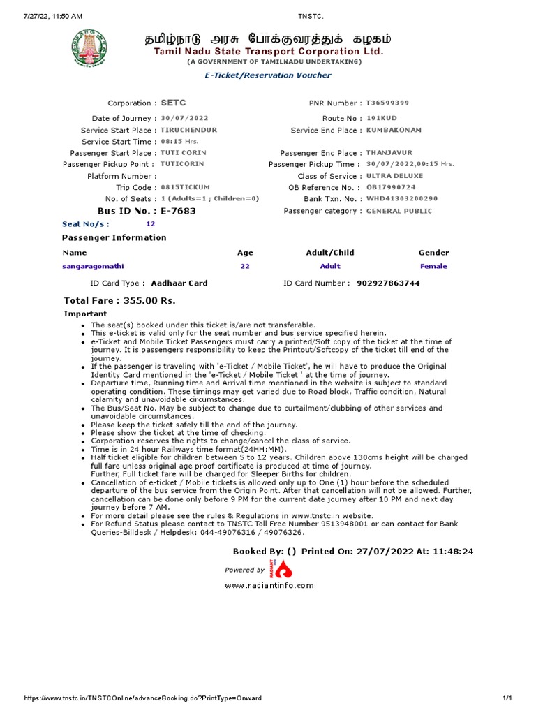 TNSTC E-Ticket for Tiruchendur to Kumbakonam | PDF | Ticket (Admission ...