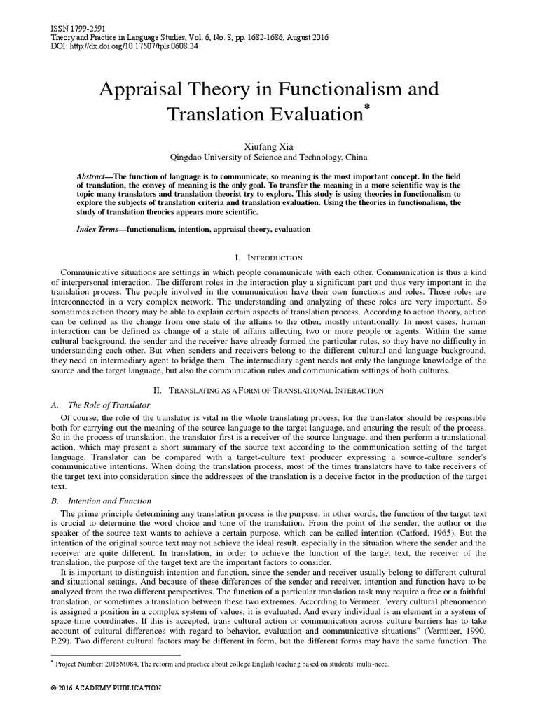 Appraisal Theory in Functionalism and Translation Evaluation | PDF ... Appraisal Theory in Functionalism and Translation Evaluation | PDF ...