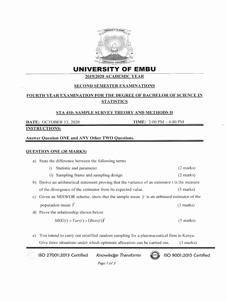 Sta 410 Sample Survey Theory and Methods Ii October 2020 | PDF ...