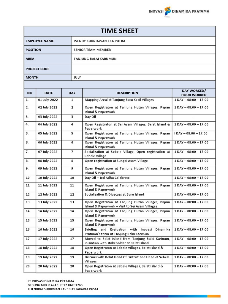 Timesheet - July 2022 - An Wendy Kurniawan | PDF