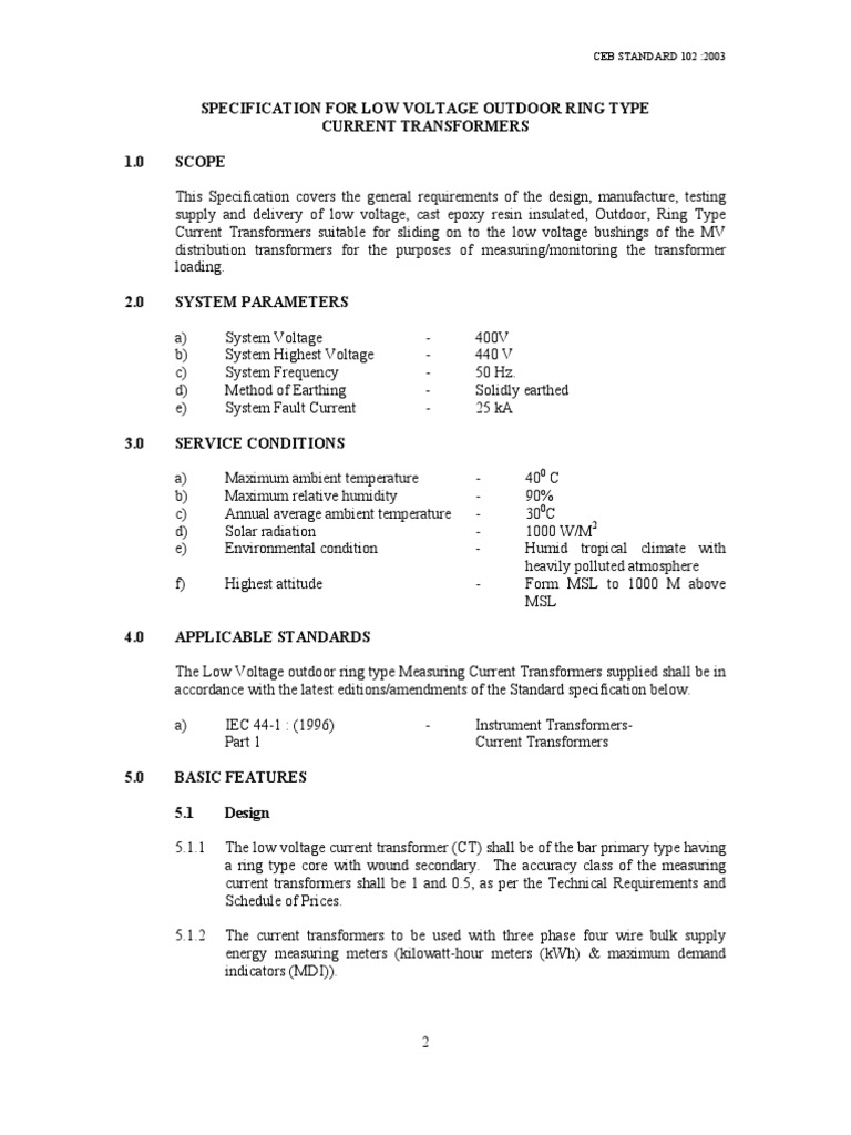 Current Tranformer Specification | PDF | Transformer | Physical Quantities