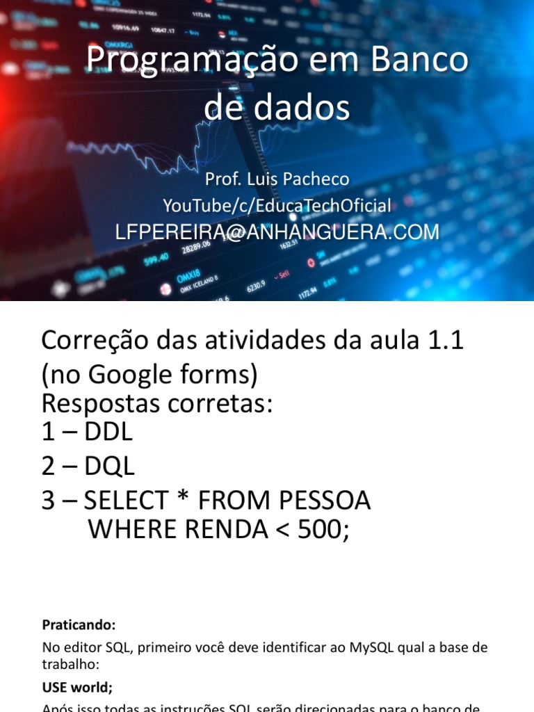 Aula 1.2 - Criação de Banco de Dados | PDF | Bancos de dados | Dados