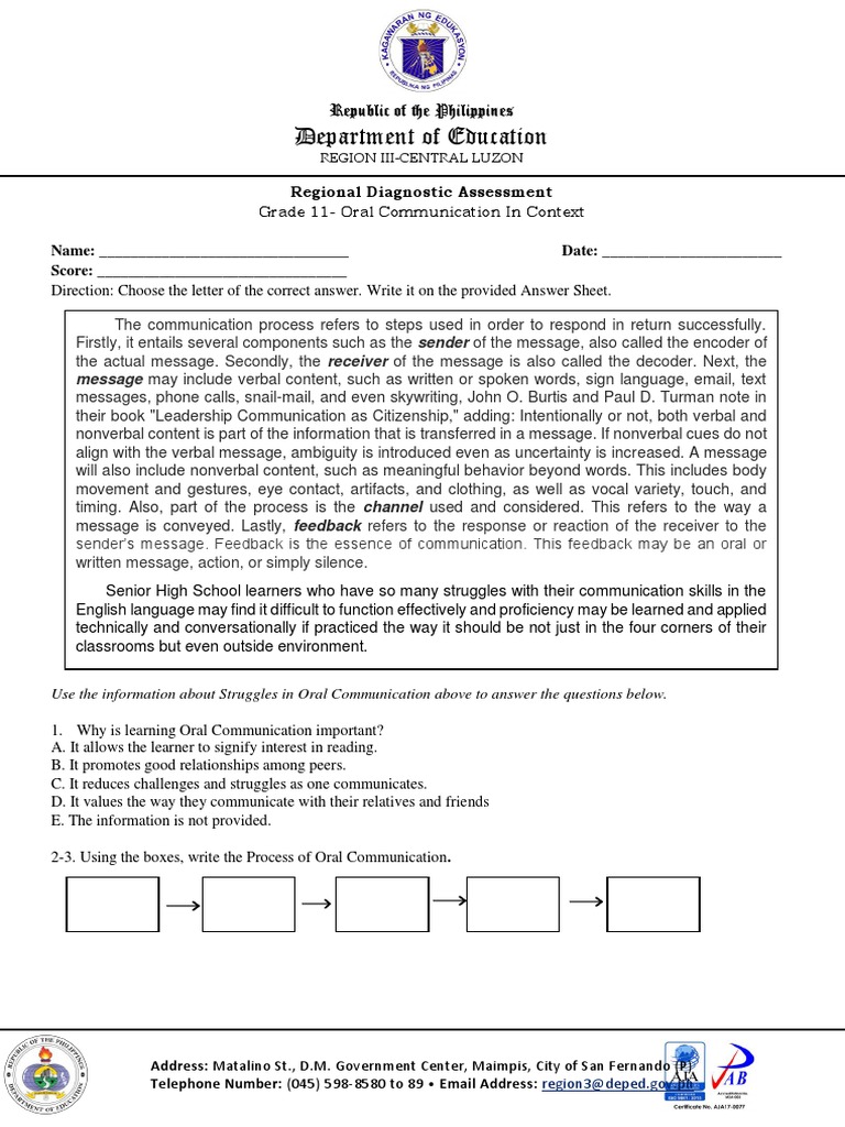 Diagnostic Assessment Tool in English Grade 11 Oral Communication ...
