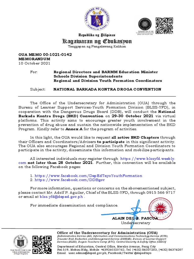 OUA - Memo - 1021142-National Barkada Kontra Droga Convention 20211020 | PDF | Social Science