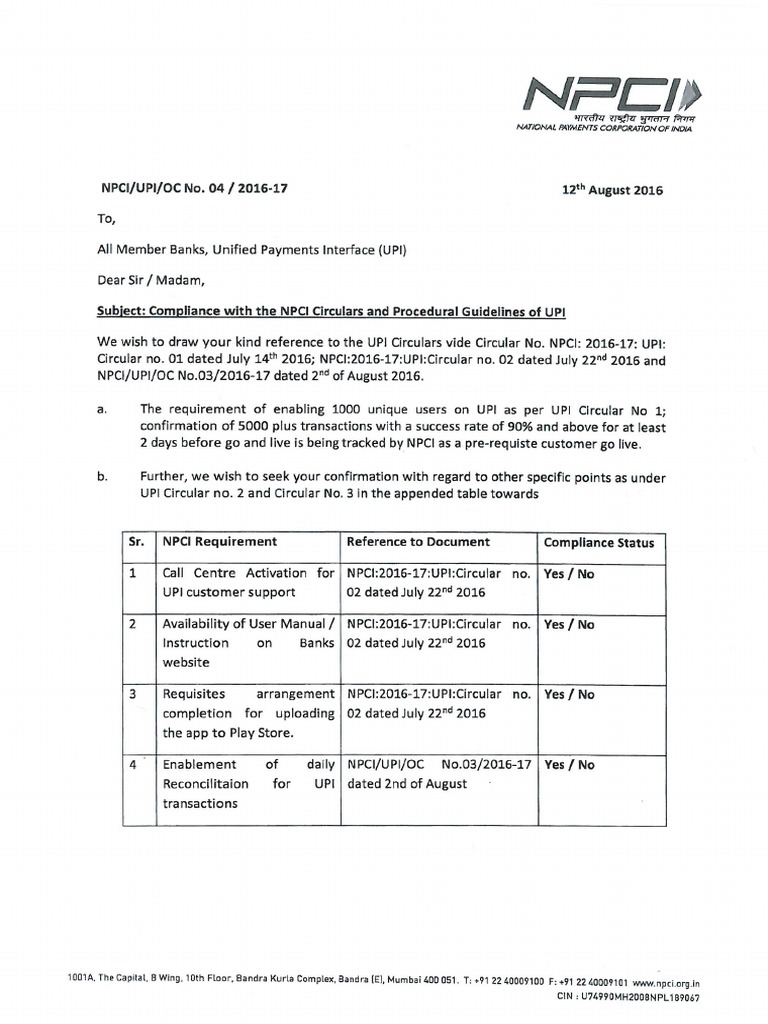 Circular04 Compliance With The NPCI Circulars and Procedural Guidlines ...