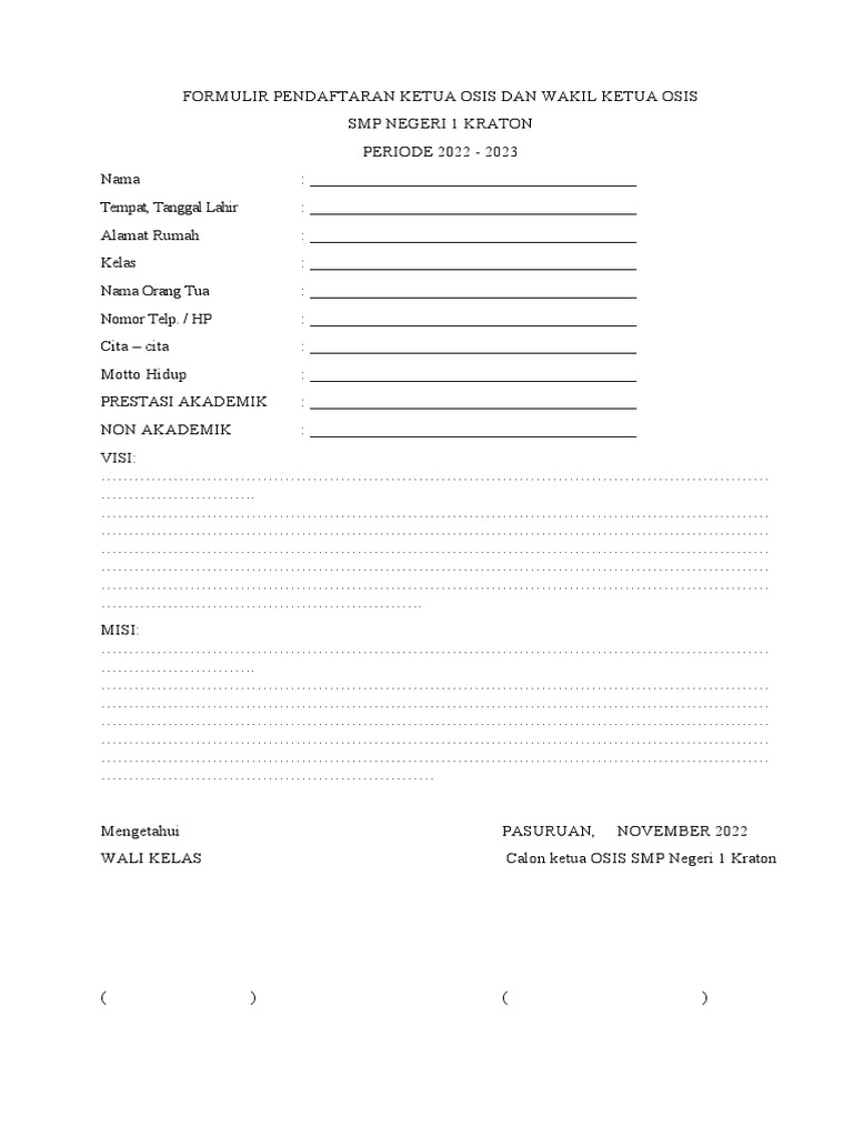 Formulir Pendaftaran Ketua Osis Dan Wakil Ketua Osis | PDF
