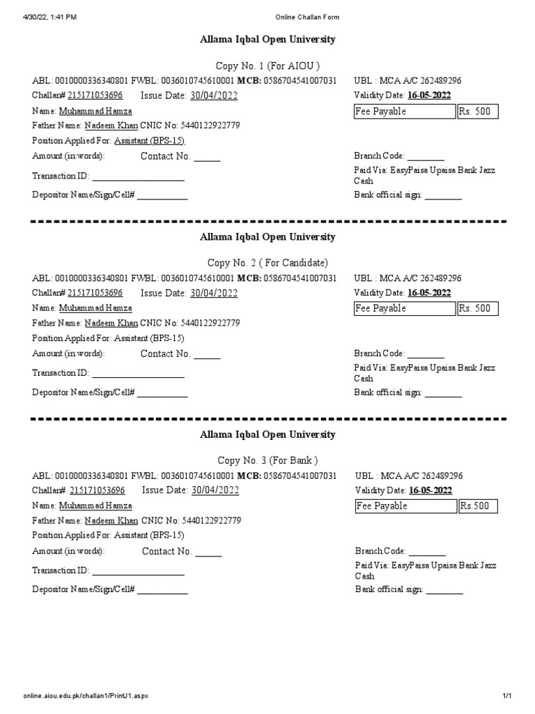 Online Challan Form For Job Pdf Service Industries Banking