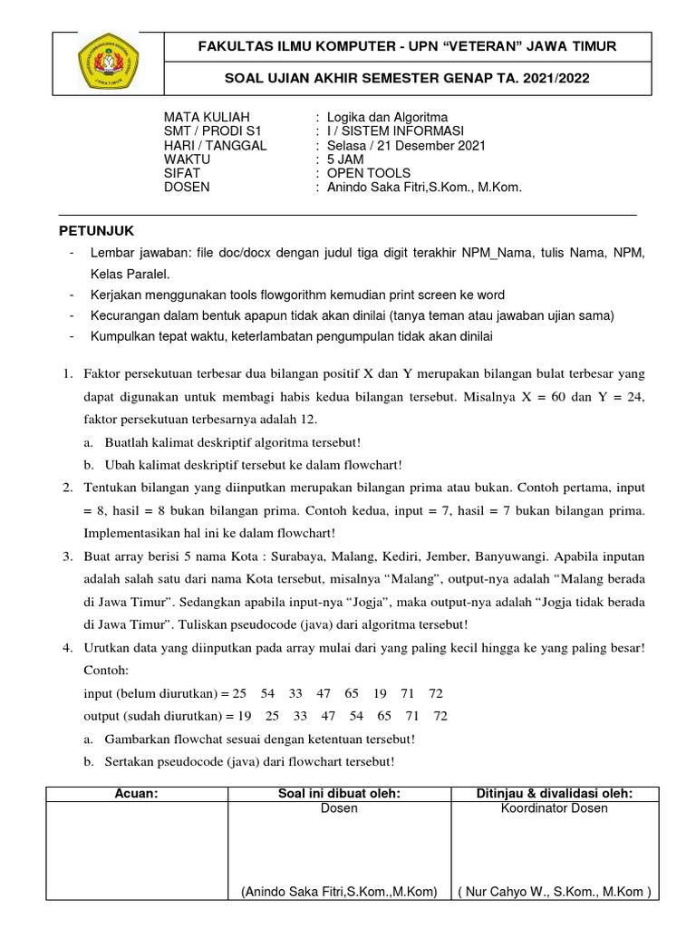 UAS Gasal Logika Dan Algoritma - 2021 | PDF | Komputer