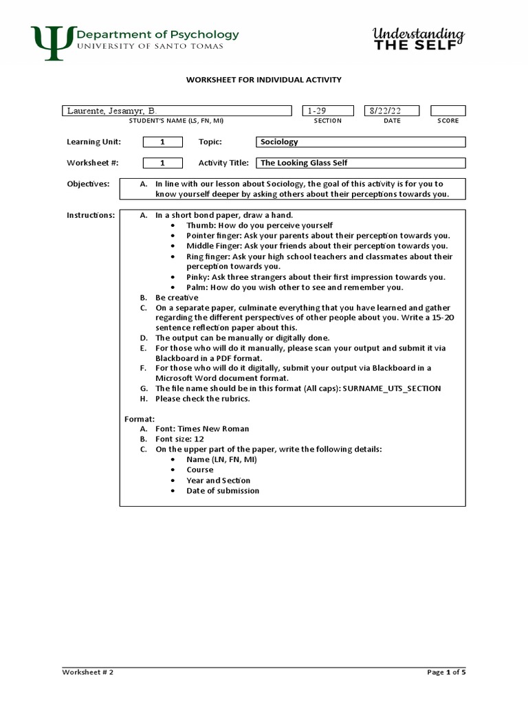 UTS - Unit 1 Activity - The Looking Glass Self | PDF | Thought | Perception