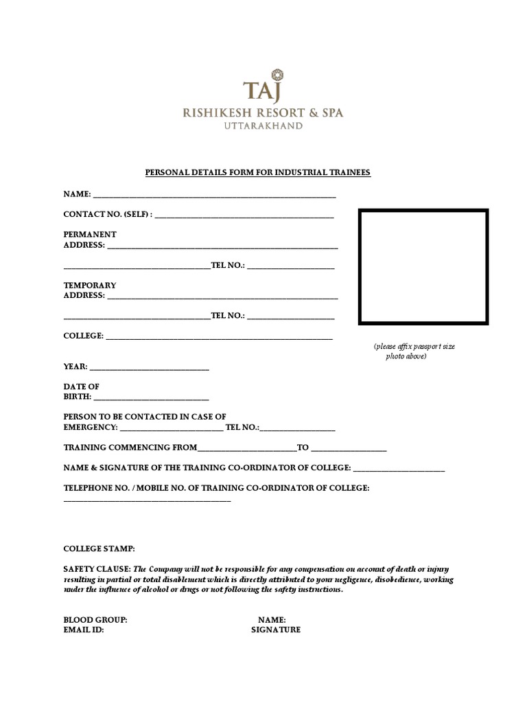 Personal Details Form For Industrial Trainees | PDF | Business
