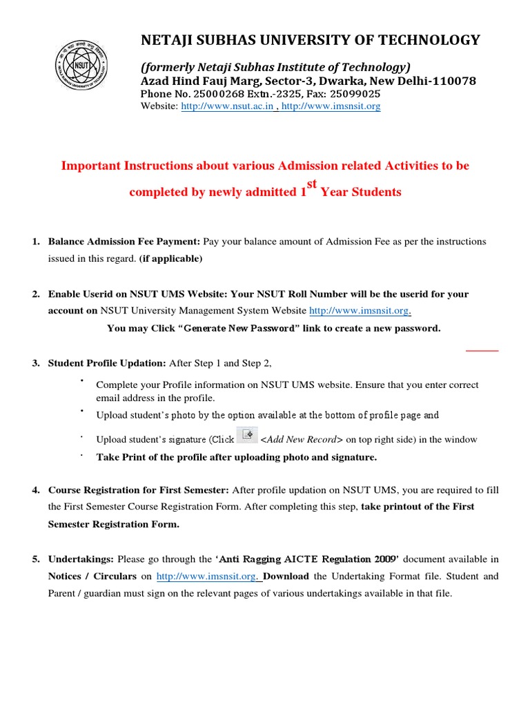 Instructions for First Year Students on Registration Process and Document Submission ...