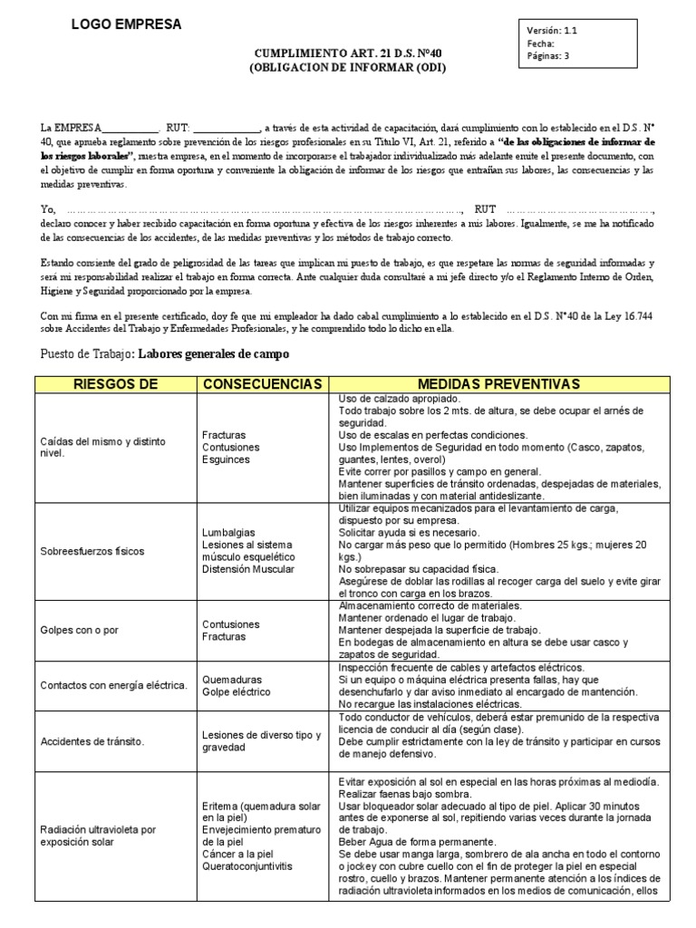 ODI Labores Generales de Campo - JORNAL | PDF | Ultravioleta | Enfermedades y trastornos