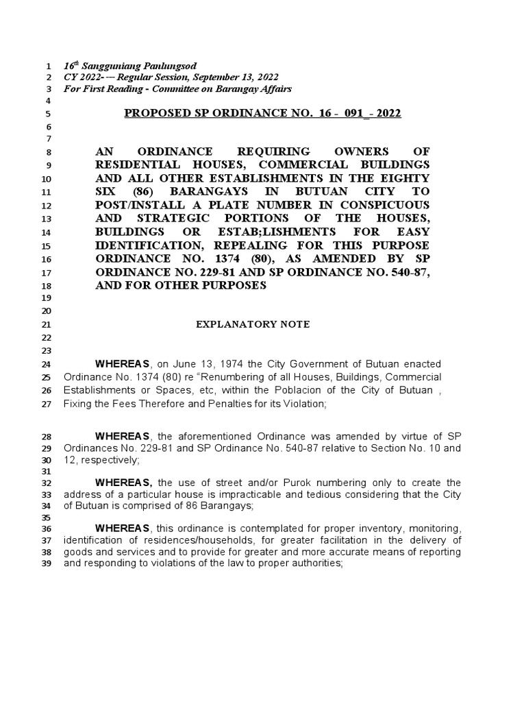 SP Ordinance No. 16 - 091 - 2022 Re Numbering of Houses & Establishments | PDF | Land Lot ...