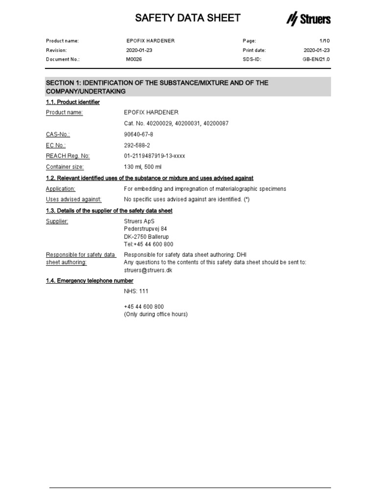EPOFIX Hardener Safety Data Sheet | PDF | Toxicity | Dangerous Goods
