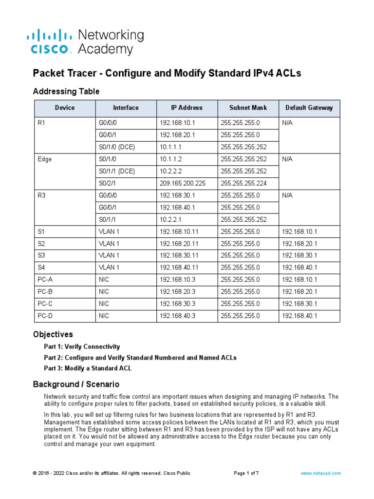 5.2.7 Packet Tracer - Configure and Modify Standard IPv4 ACLs | PDF | Internet Protocols | Ip ...