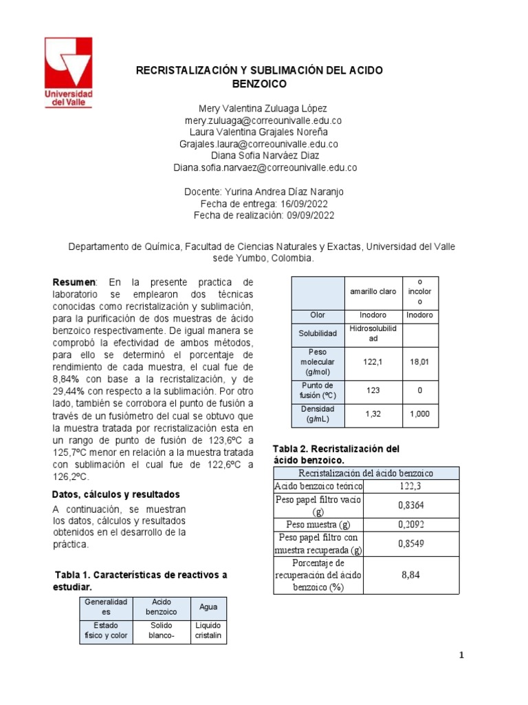 Informe No. 2 Recristalización y Sublimación | PDF | Cristalización | Agua
