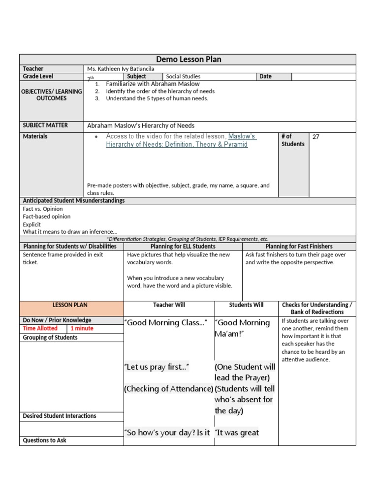 Selected 7th Grade Social Studies Demo Lesson Example | PDF | Cognitive Science | Behavior ...