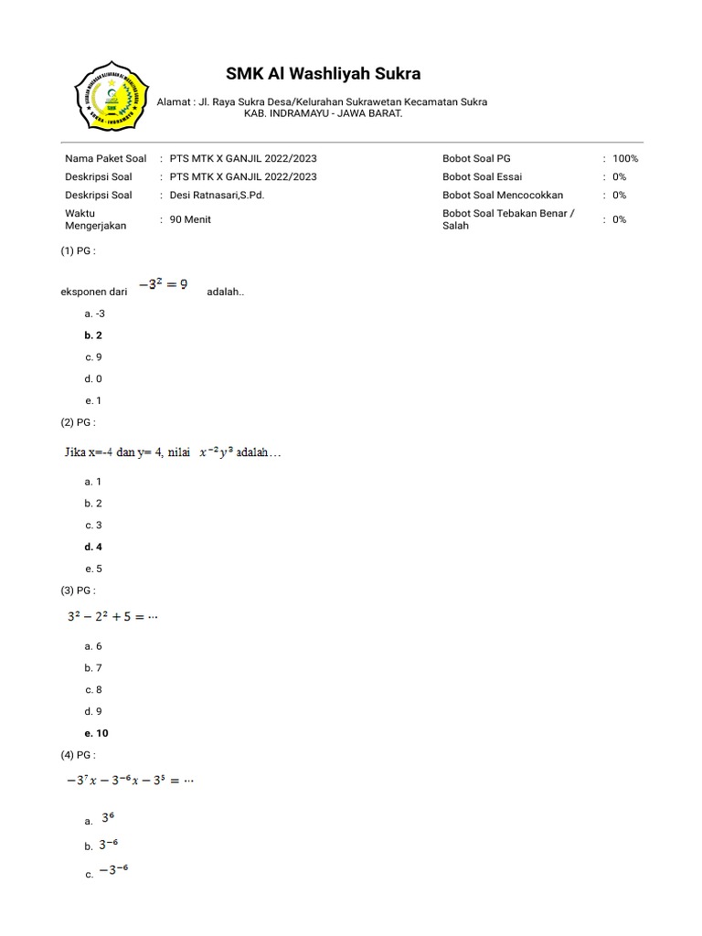 Print Soal PTS MTK X GANJIL 2022 - 2023 | PDF