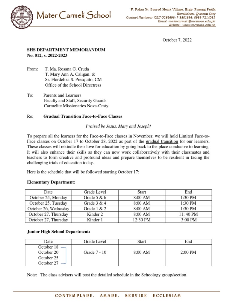 Mcs Memo No. 12 S. 2022 2023 For Limited F2F Classes | PDF