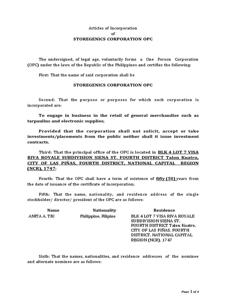 Articles of Incorporation-OPC | PDF | Stocks | Notary Public