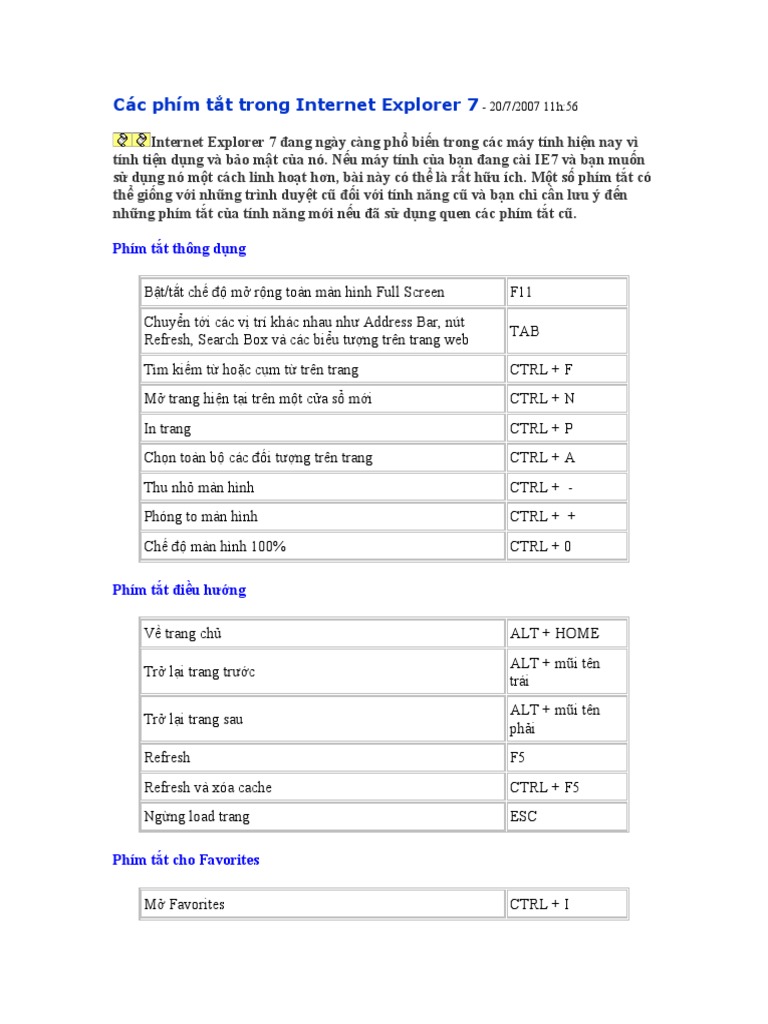 Các phím tắt trong Internet Explorer 7 | PDF