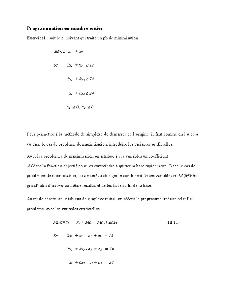 Minimisation par Simplexe en Entiers | PDF | Optimisation mathématique | Mathématiques de l ...