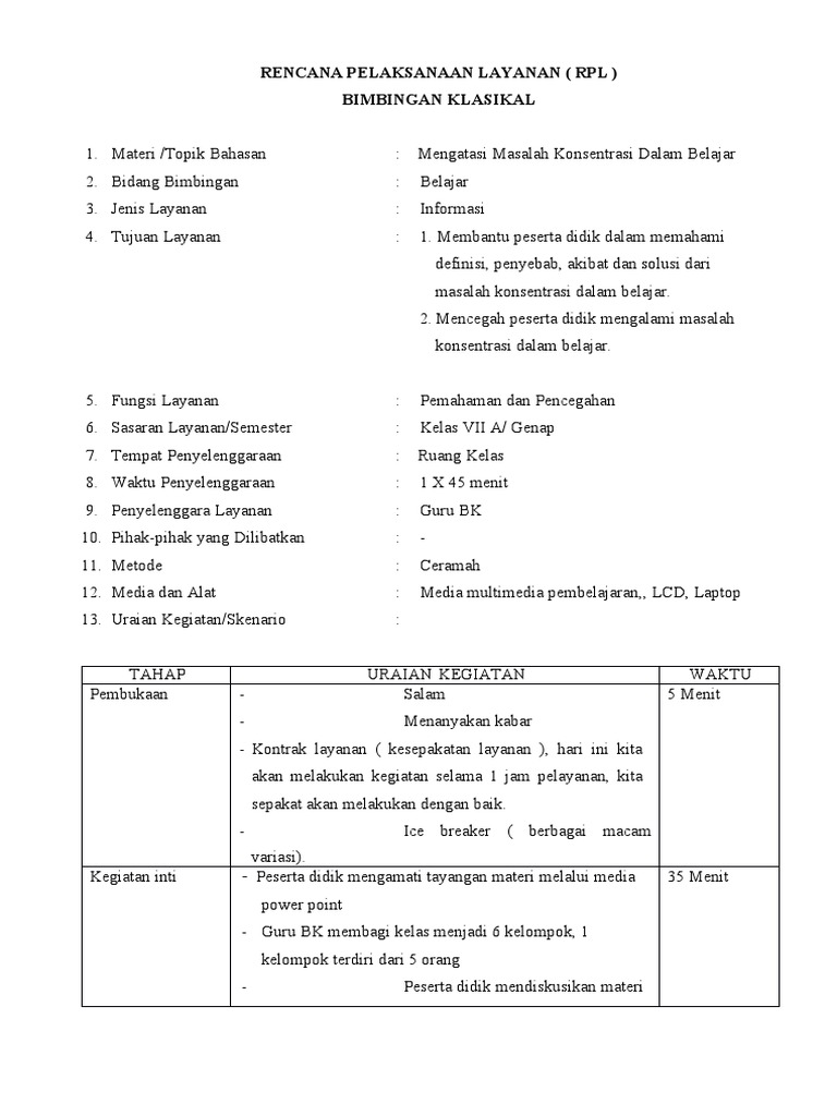 Rencana Pelaksanaan Layanan (RPL) Bimbingan Klasikal | PDF