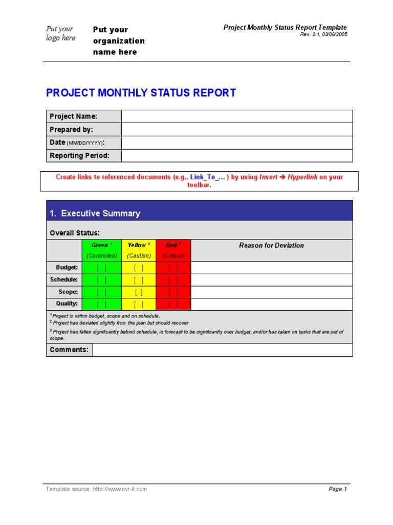 Monthly Status Report Template | PDF | Risk