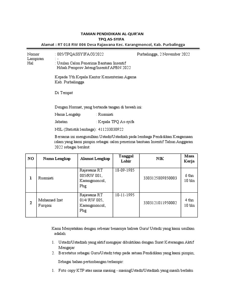 Contoh Surat Usulan Insentif | PDF