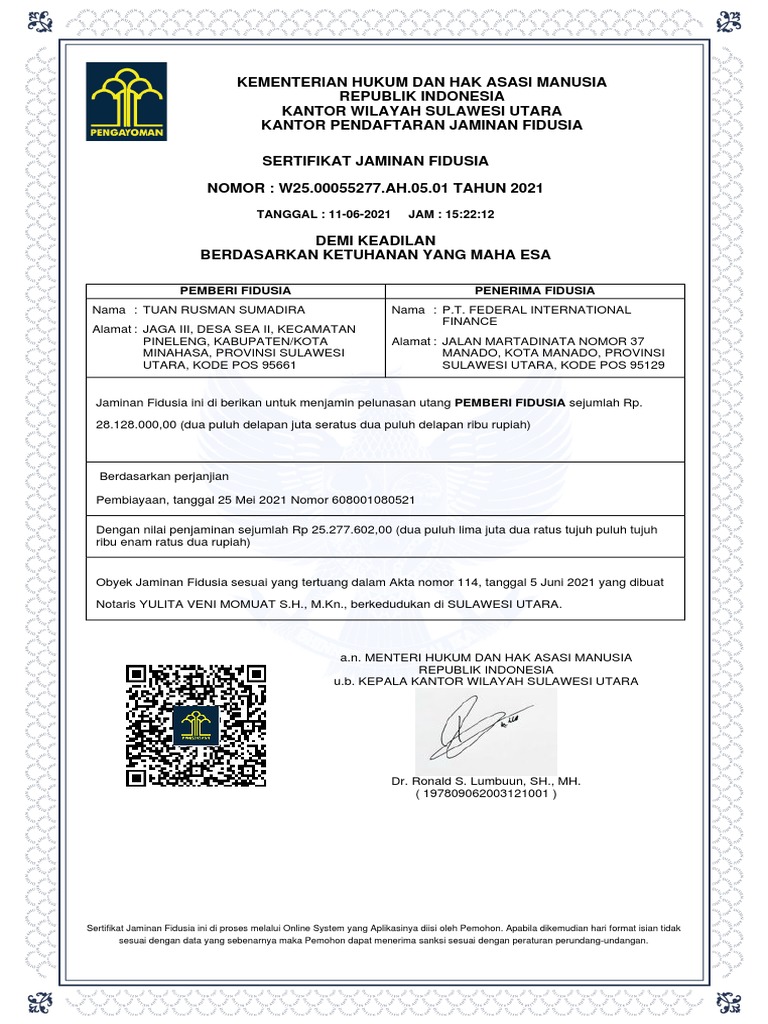Sertifikat Pendaftaran Fidusia | PDF