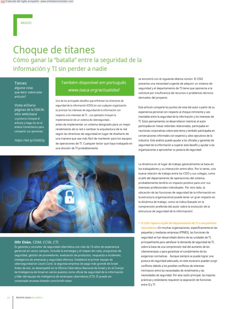 ISACA - Clash of The Titans (CISO, CIO... ) (1) .En - Es | PDF | Valores | Seguridad de información