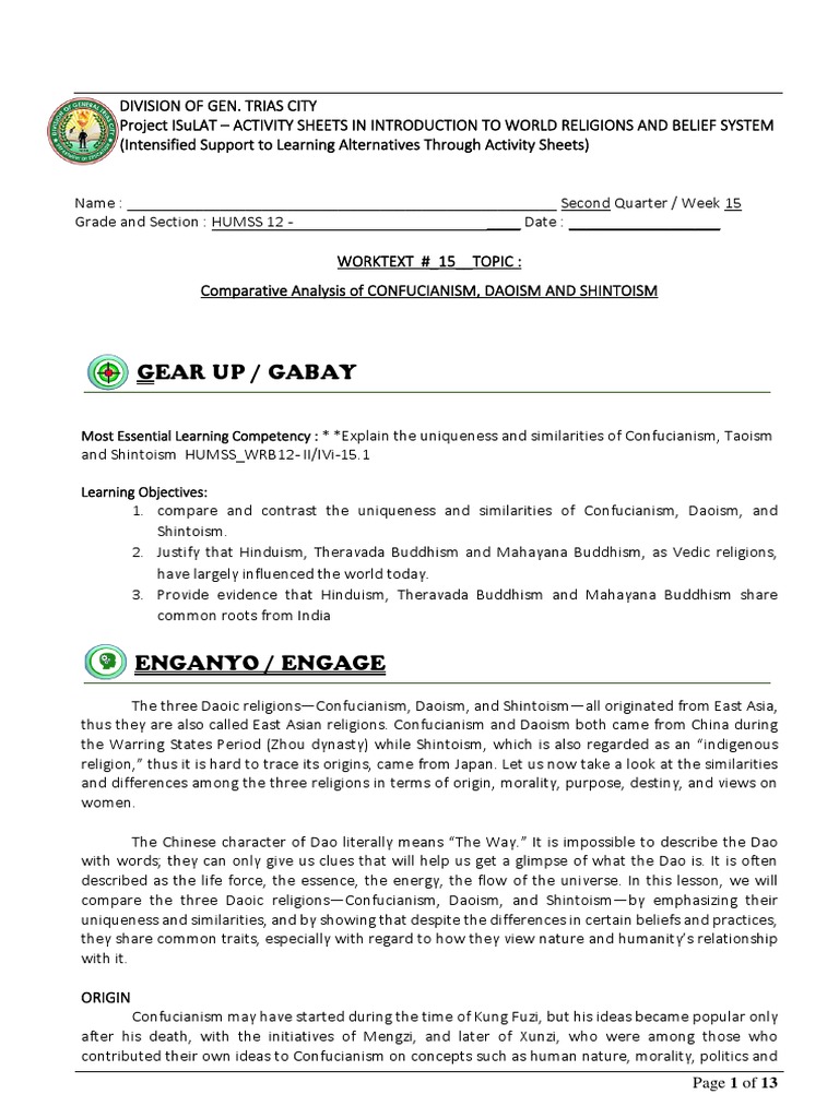 Worktext 15 Comparative Taoic Religions | PDF | Confucianism | Shinto