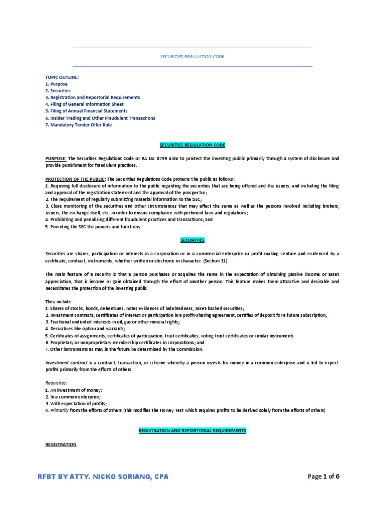 Securities Regulation Code NOTES | PDF | Securities (Finance) | Stocks